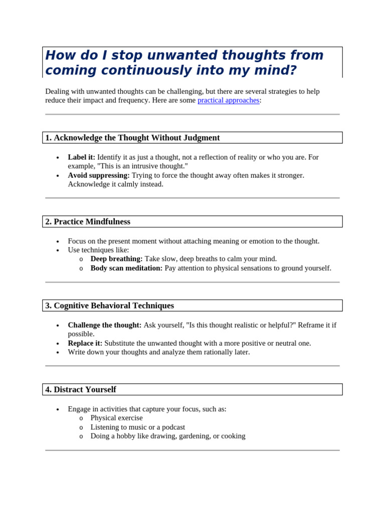 How Do I Stop Unwanted Thoughts From Coming Continuously Into My Mind ...
