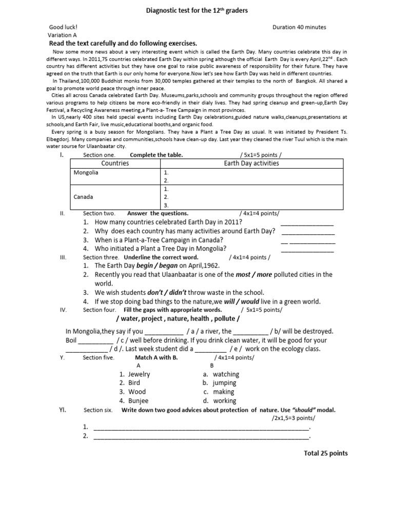 Diagnostic Test For The 12th Graders | PDF