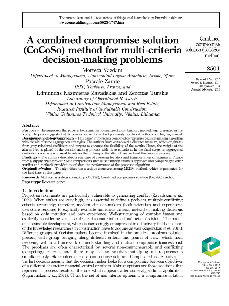 A Combined Compromise Solution (CoCoSo) Method For Multi-Criteria Decision-Making Problems | PDF ...