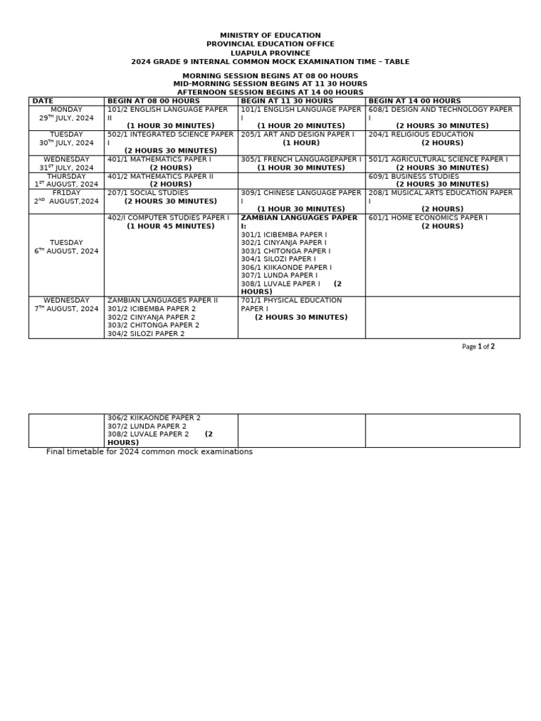 2024 Grade 9 Internal Mock Examination Time Table PDF