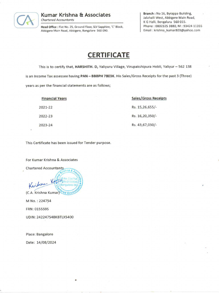 Ca Certificate-Harshith | PDF