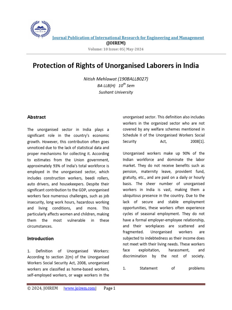 Rights of Unorganised Laborers in India | PDF | Employment | Welfare