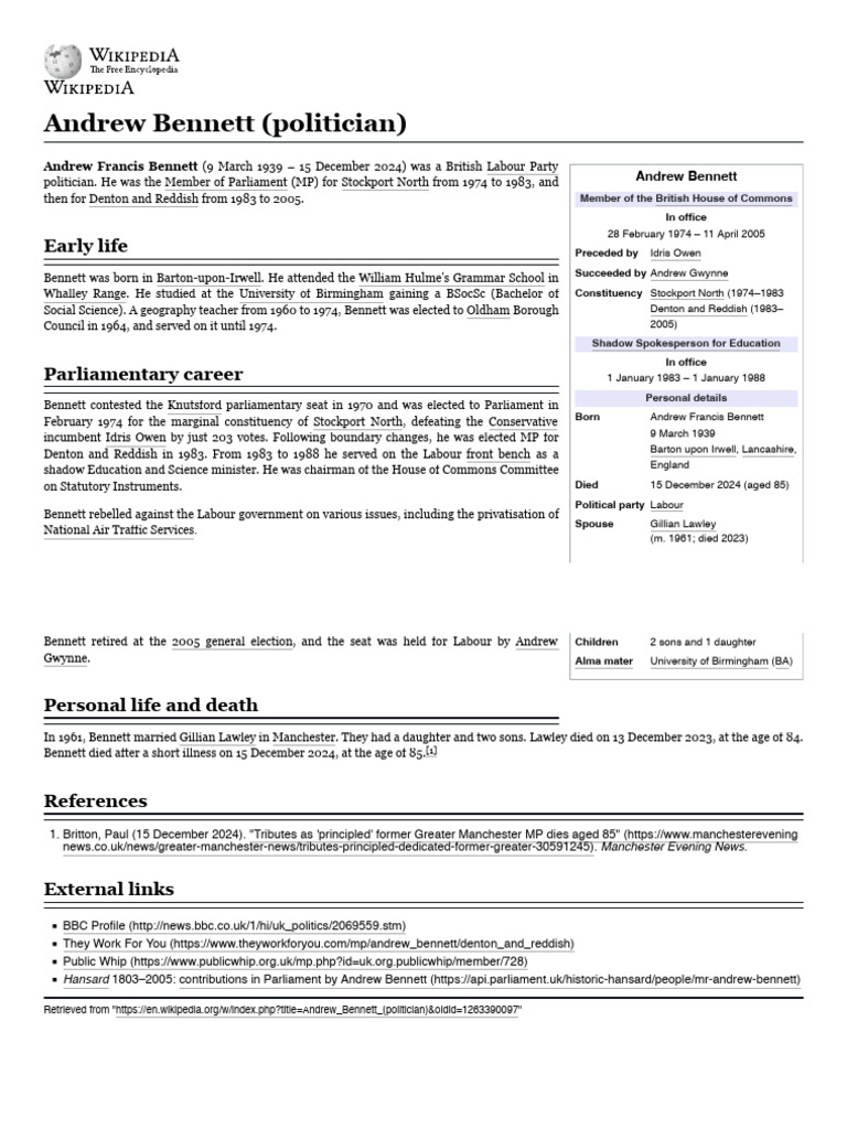 Andrew Bennett: UK Labour MP Legacy | PDF | Government | Elections