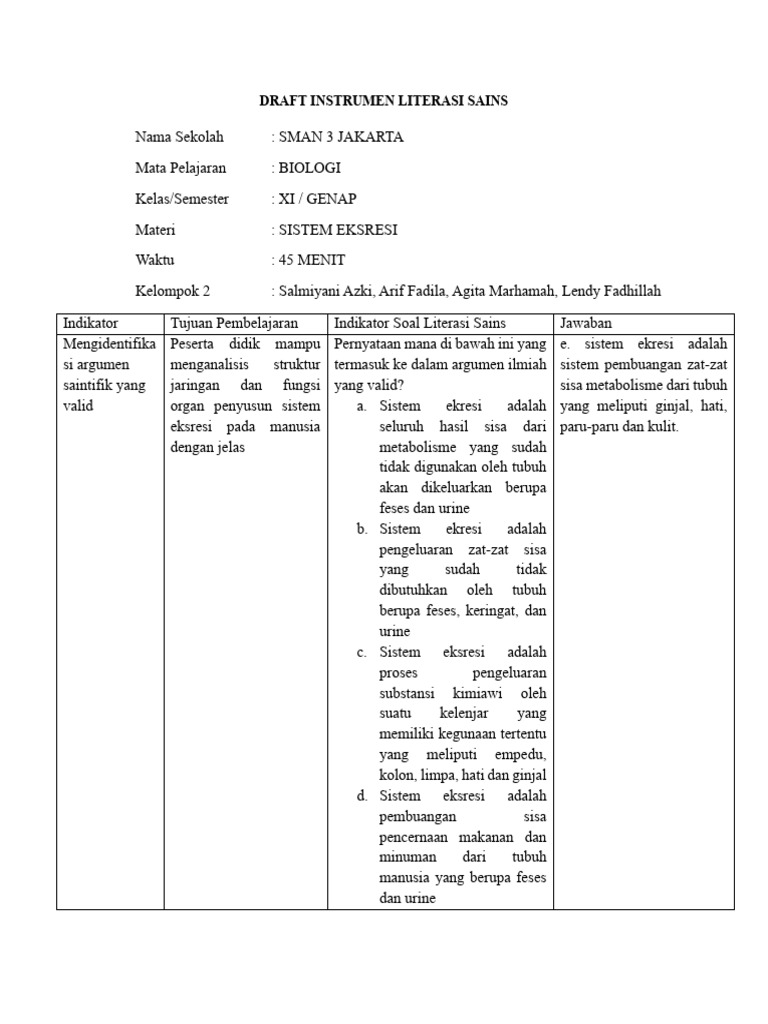 Instrumen Literasi Sains: Sistem Ekskresi | PDF