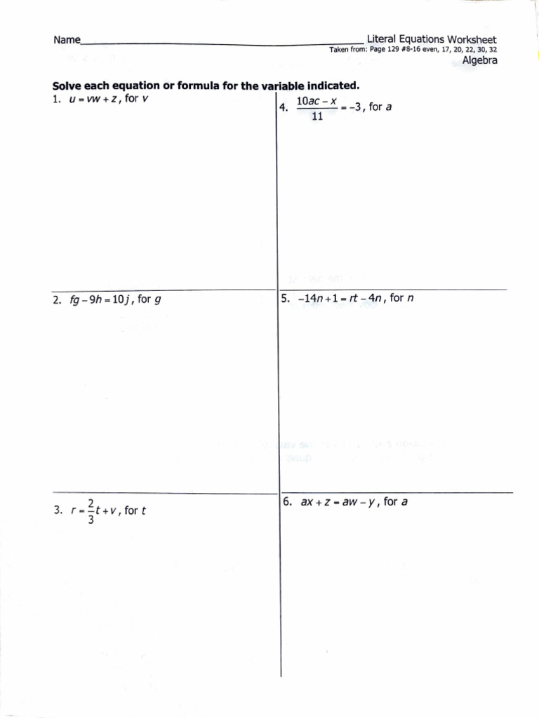 Literal Equations Worksheet | PDF
