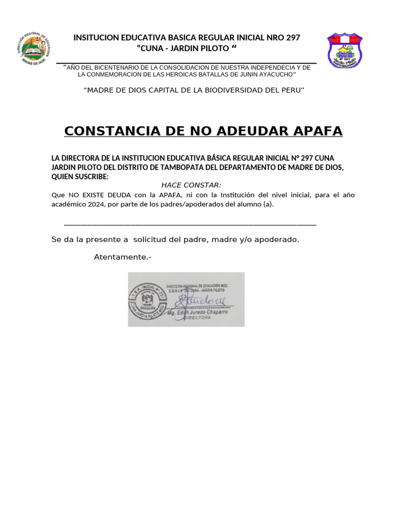 Constancia de No Adeudo APAFA 2024 | PDF
