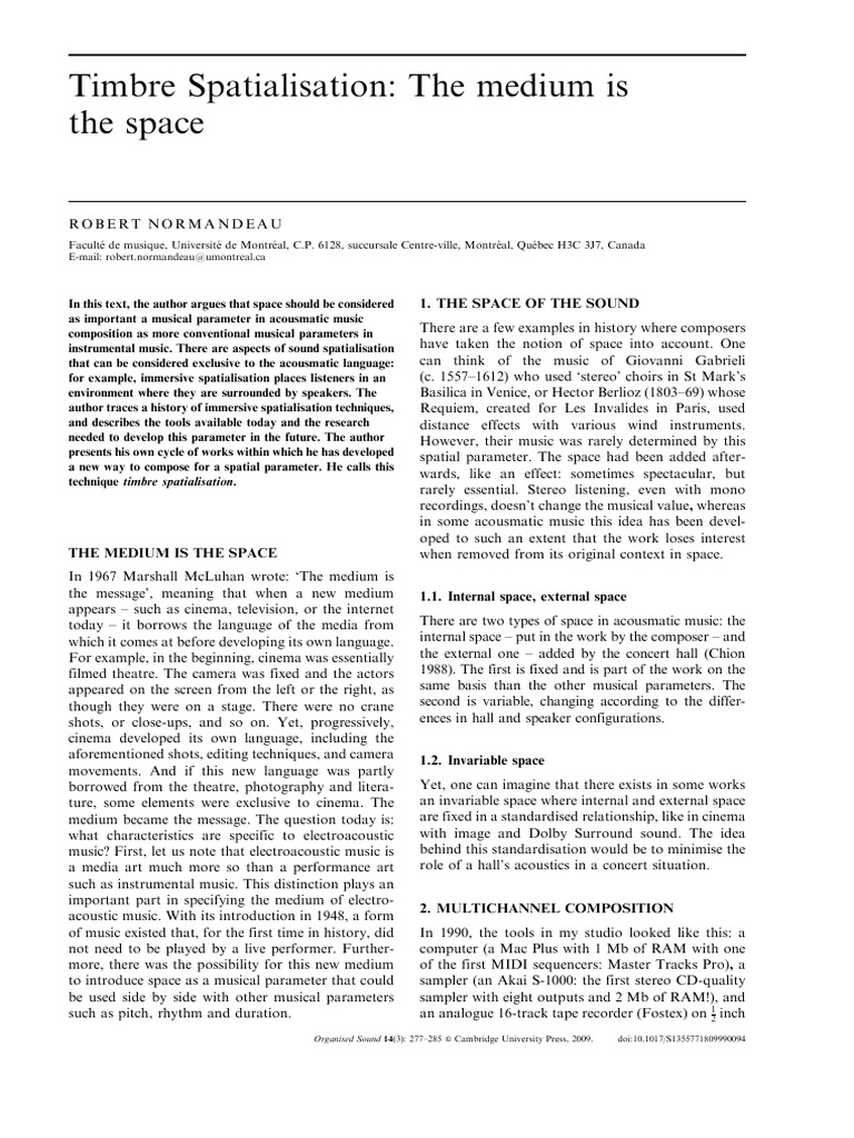 Robert Normandeau - Timbre Spatialisation - The Medium Is The Space | PDF | Loudspeaker | Sound