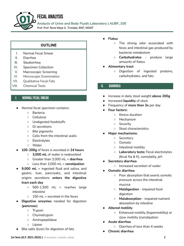(Lec #12) Fecal Analysis | PDF | Diarrhea | Digestion