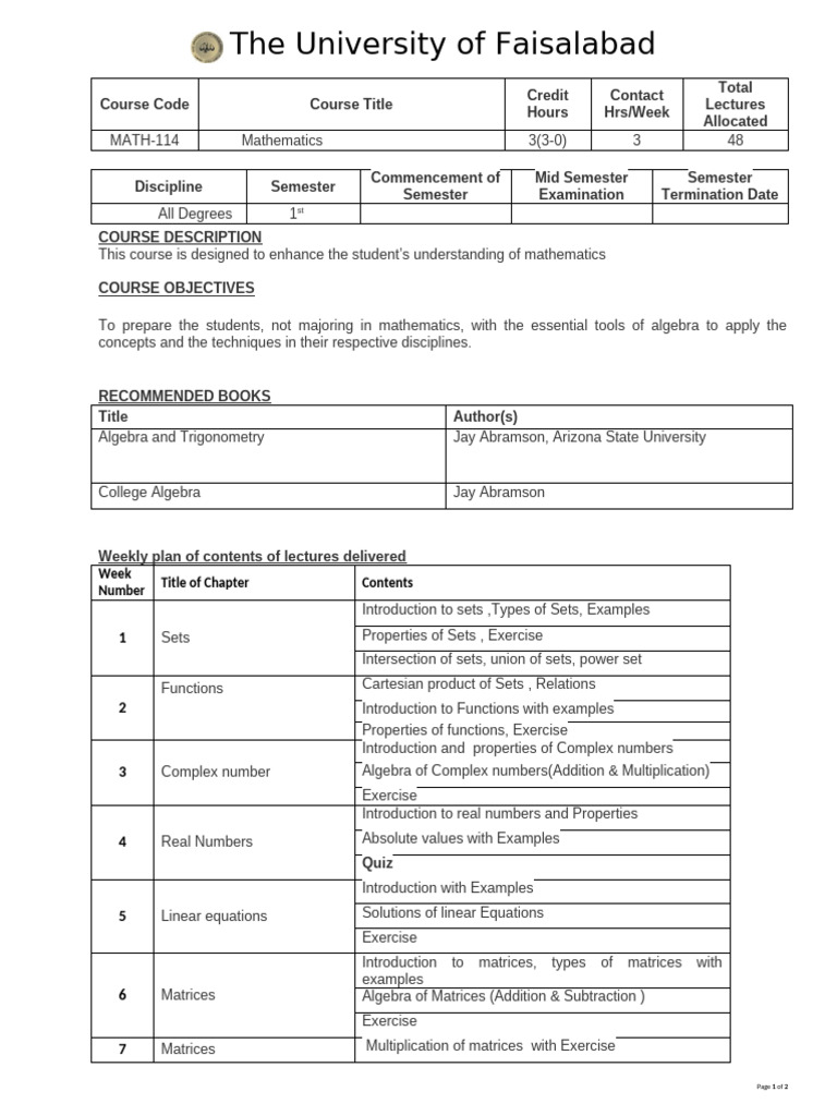 MATH-114 Course Overview and Outline | PDF | Algebra | Matrix (Mathematics)