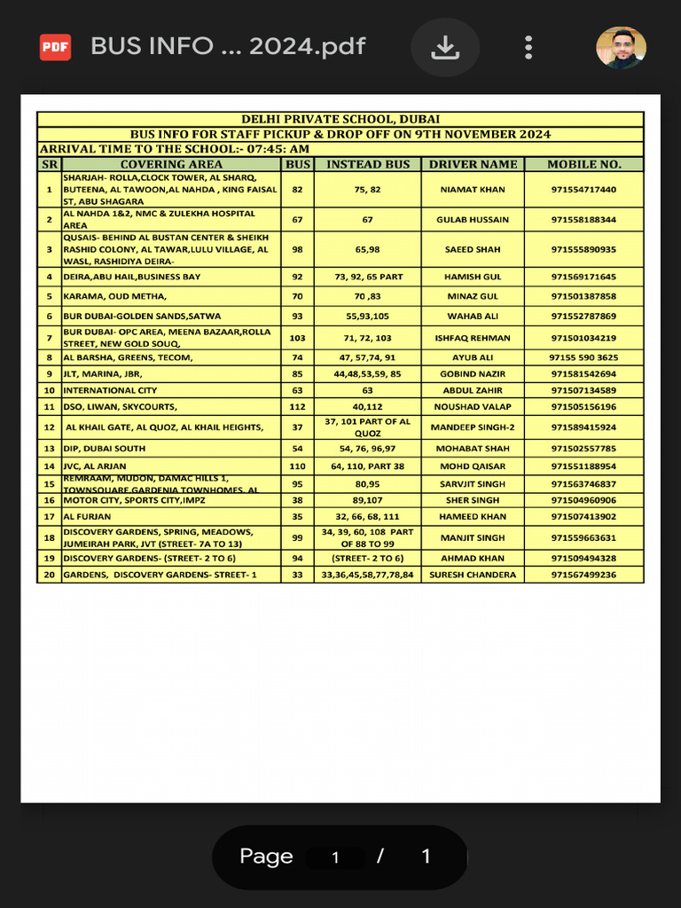 Dubai School Bus Pickup Schedule 2024 | PDF