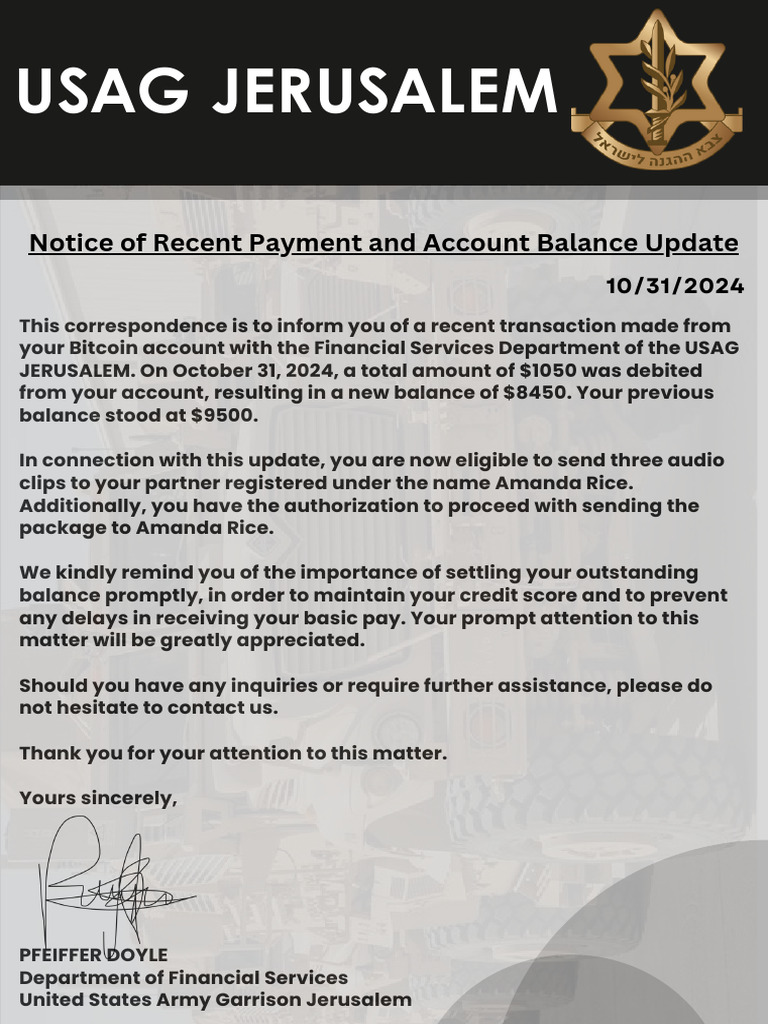 USAG JERUSALEM LETTER To SGT Arnold Smith | PDF