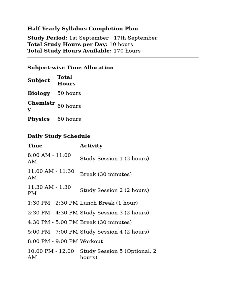 Half Yearly Syllabus Completion Plan | PDF