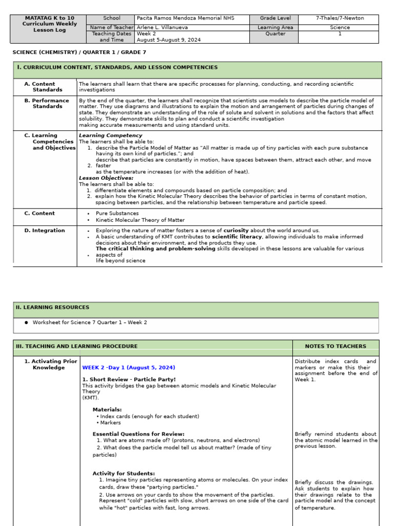 Science 7: Week 2 Lesson on Matter | PDF | Gases | Molecules