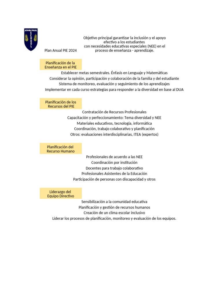Plan Inclusivo Escolar 2024 | PDF