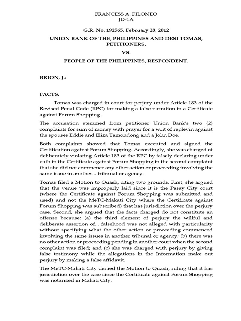 PILONEO_4-41G.R. No. 192565. | PDF | Affidavit | Perjury