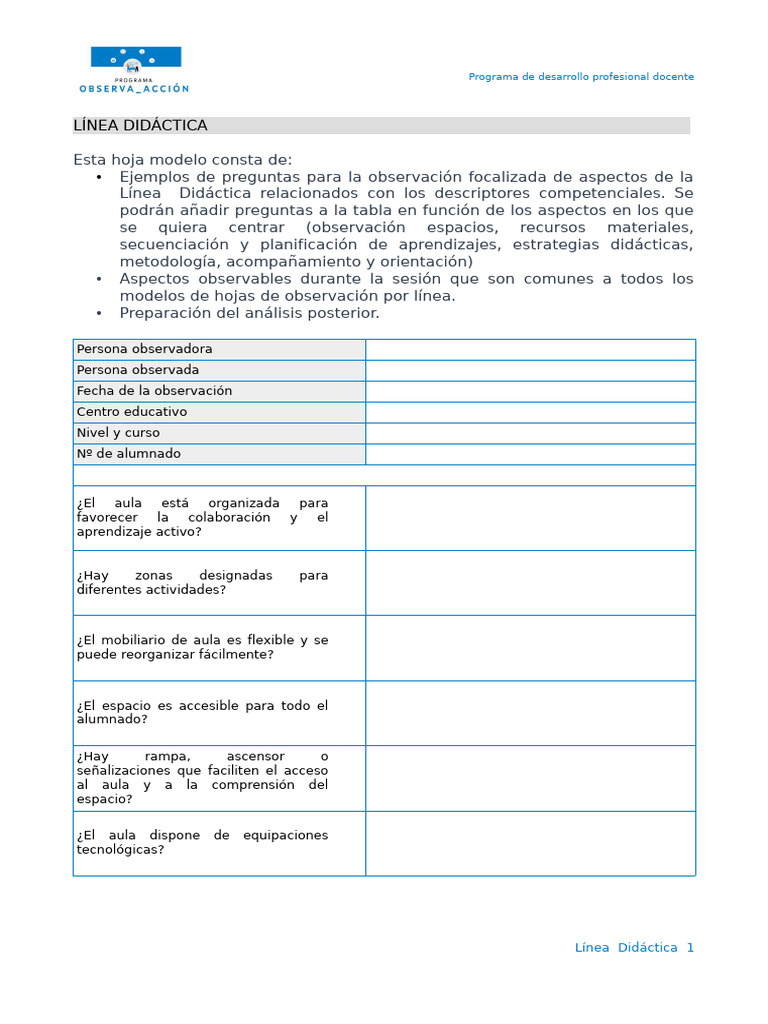 Hoja Modelo de Observación Focalizada Línea Didáctica | PDF | Maestros ...