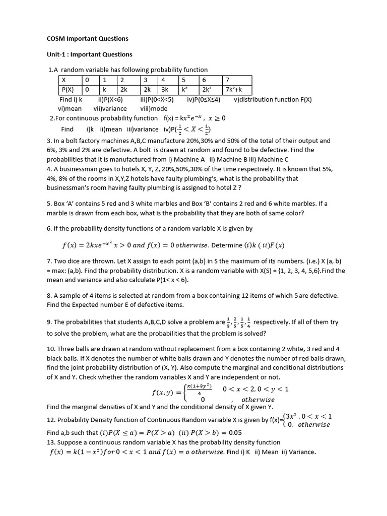 jntuh COSM Important questions | PDF | Random Variable | Variance