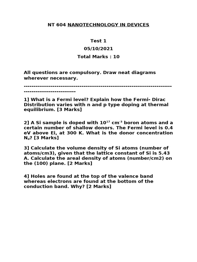 NT 604 Nanotechnology in Devices Test 1 | PDF
