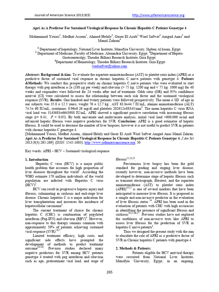 Apri As A Predictor For Sustained Virolo | PDF | Hepatitis C | Hepatitis