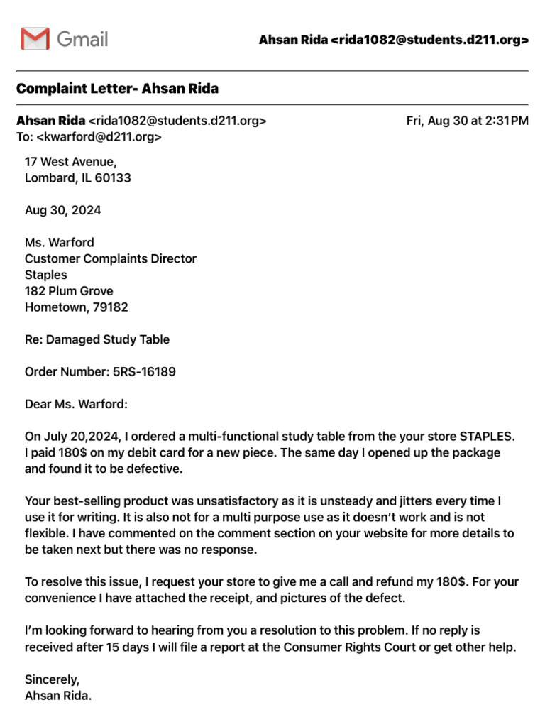 Complaint for Defective Study Table | PDF