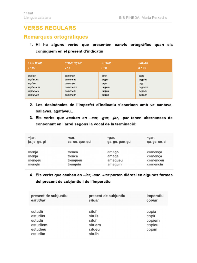 VERBS REGULARS - Remarques Ortogràfiques | PDF