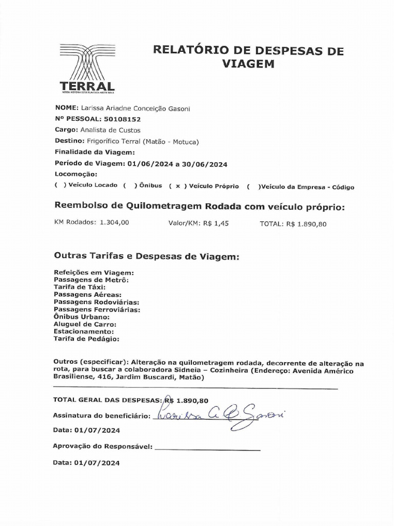 Relatório de Despesas de Viagem - Junho-2024 | PDF