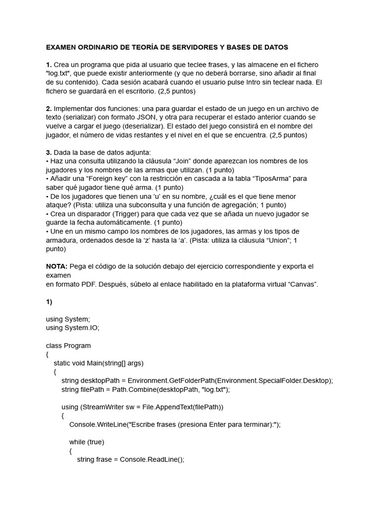 Examen Extraordinario Bases De Datos Pdf Sql Software De Gestión De Datos