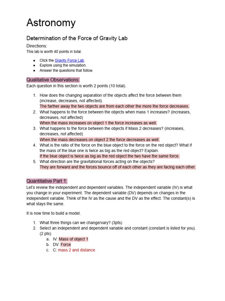 Force of Gravity Lab | PDF | Force | Mass