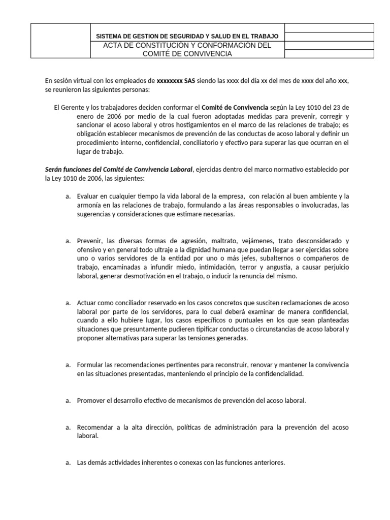 SST-VI-002. Acta de Constitución y Conformación Del Comite de Convivencia | PDF | Gobierno ...