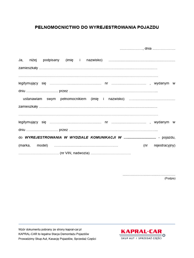 Kapral Car Upowaznienie Do Wyrejestrowania | PDF