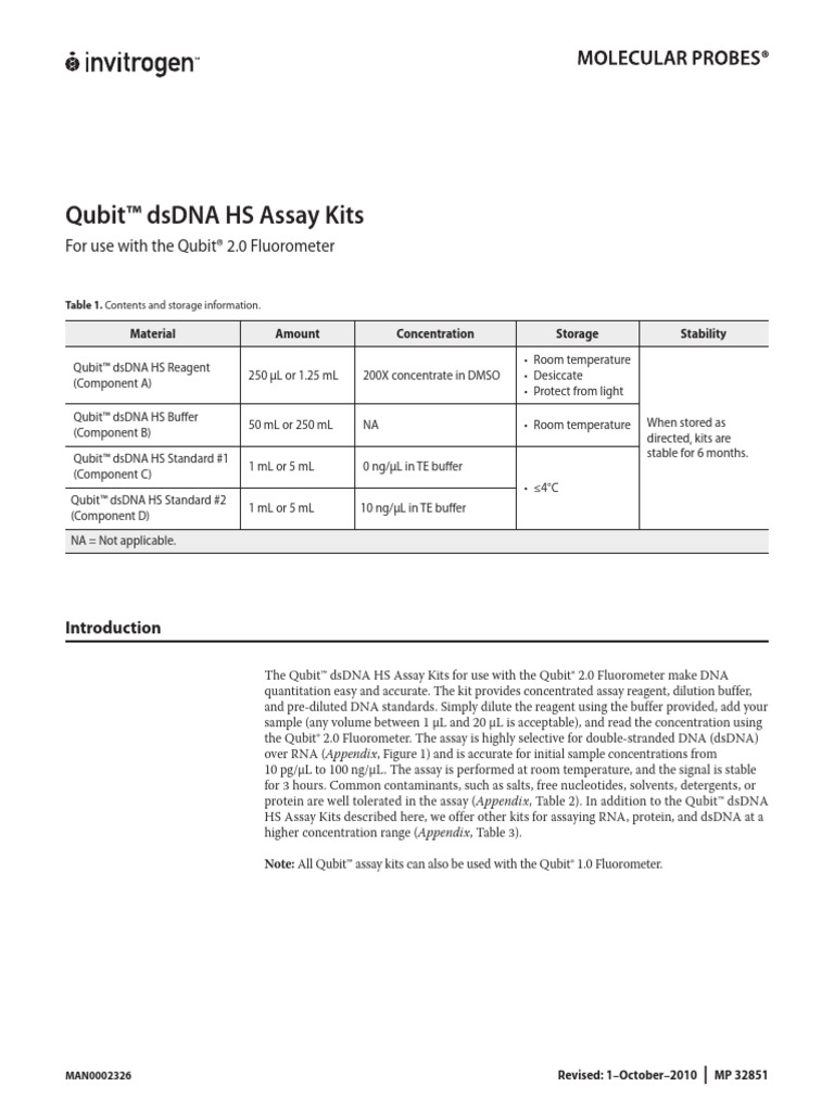 Qubit dsDNA HS Assay (Q32851 and Q32854) - mp32851 | PDF | Dna | Assay
