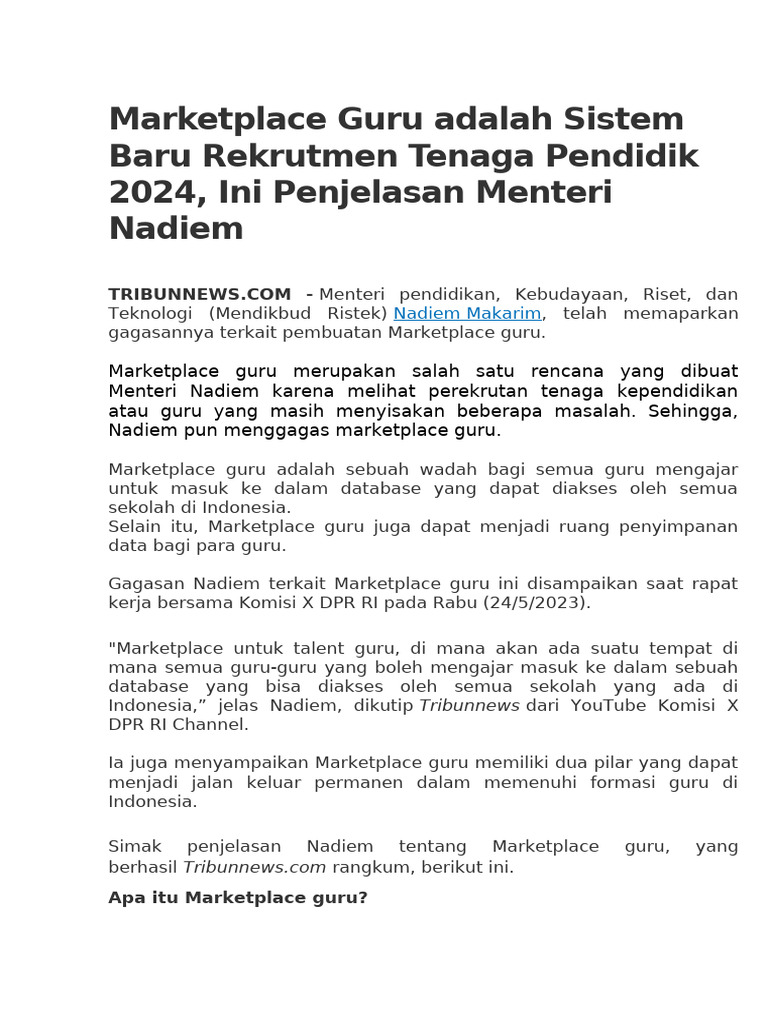 Marketplace Guru adalah Sistem Baru Rekrutmen Tenaga Pendidik 2024 | PDF