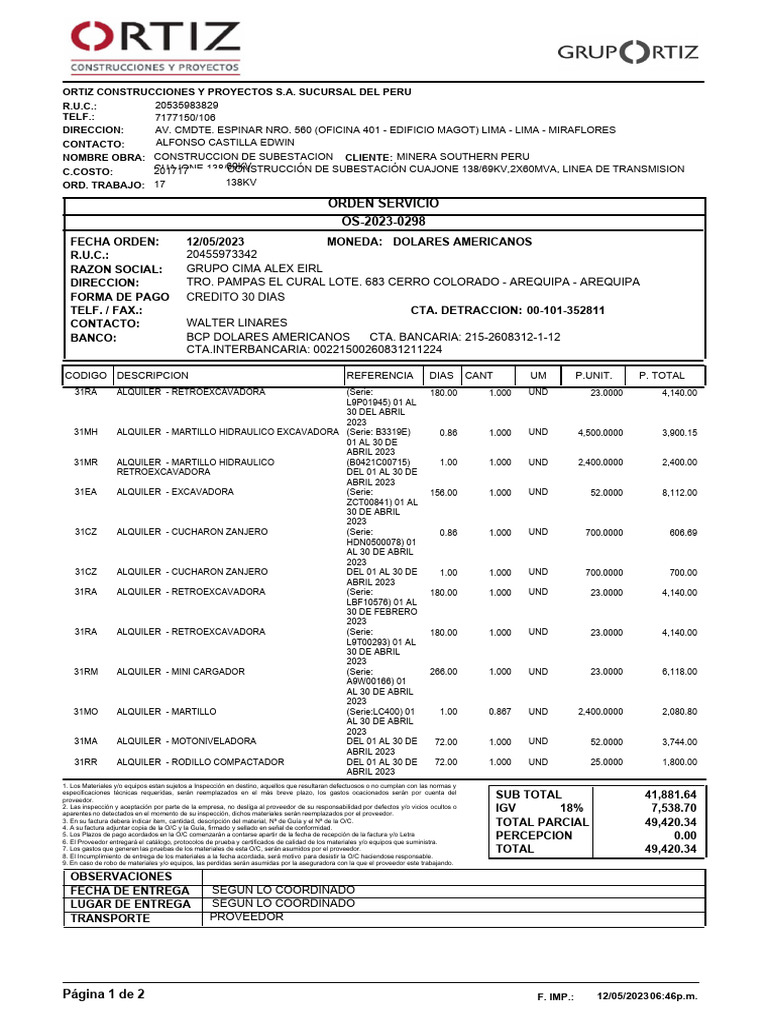Orden Servicio Grupo Cima | PDF