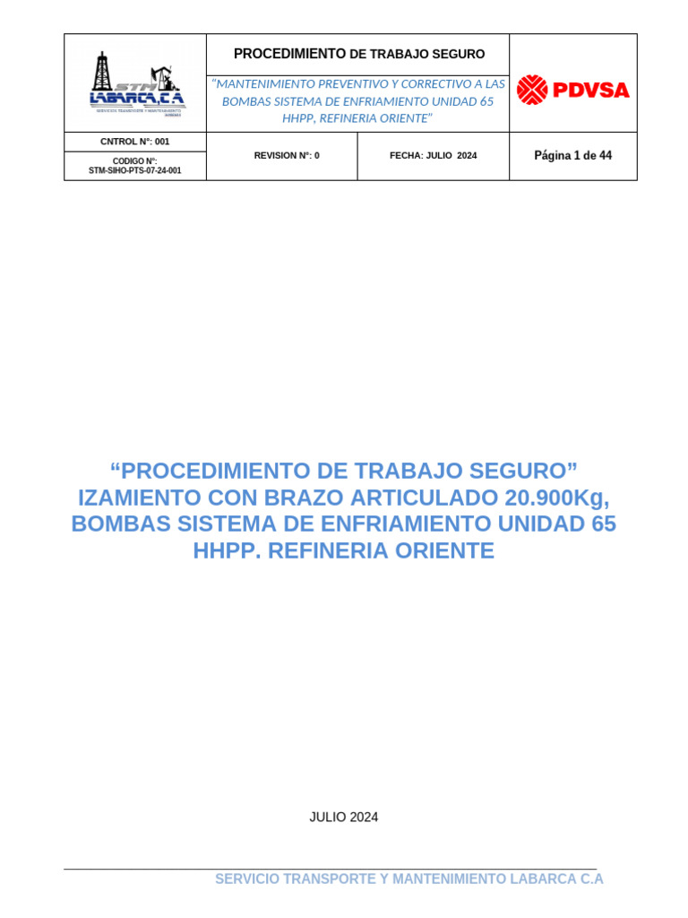 PTS IZAMIENTO BOMBAS UNIDAD 65 HHPP RO 24 JULIO 2024 RM A | PDF ...