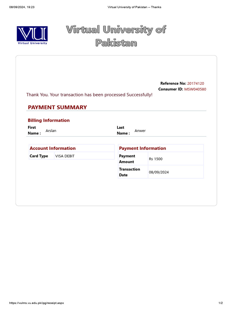 Virtual University of Pakistan - Thanks | PDF