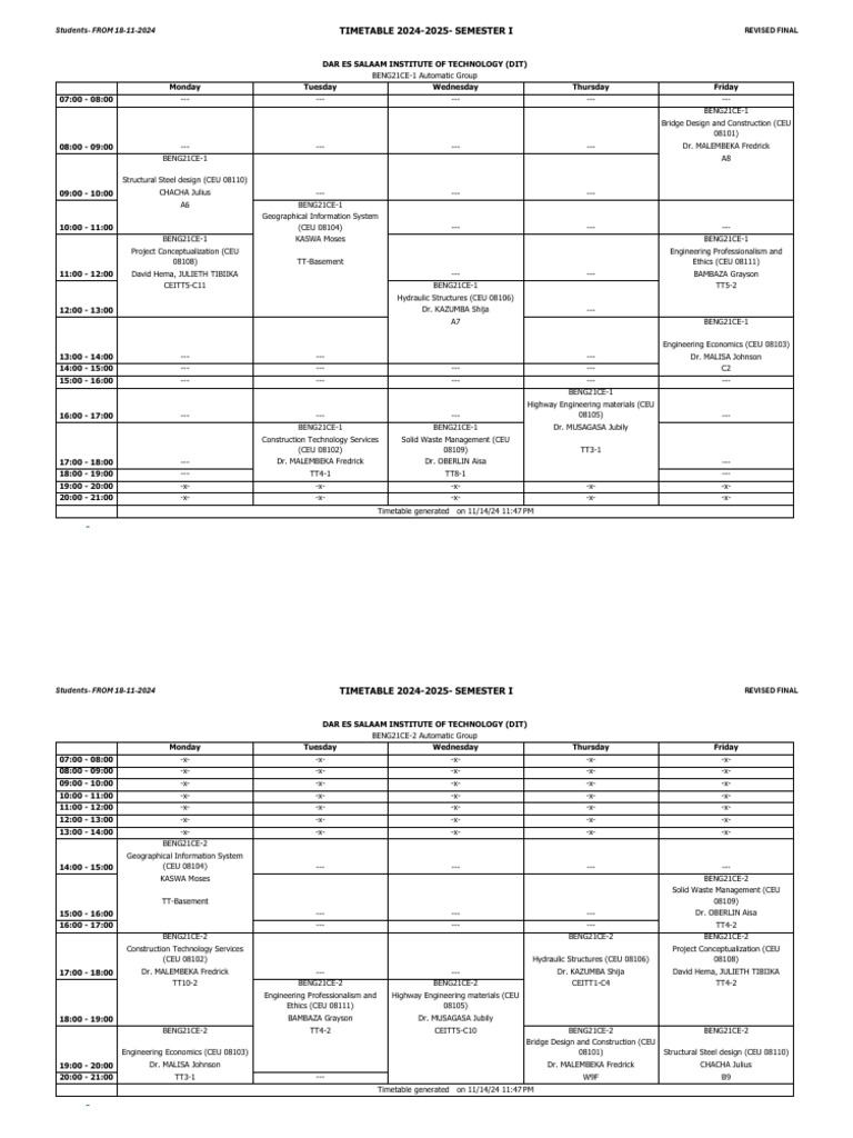 Timetable Semester I 2024 2025 Final Revised Students | PDF | Engineering | Computing