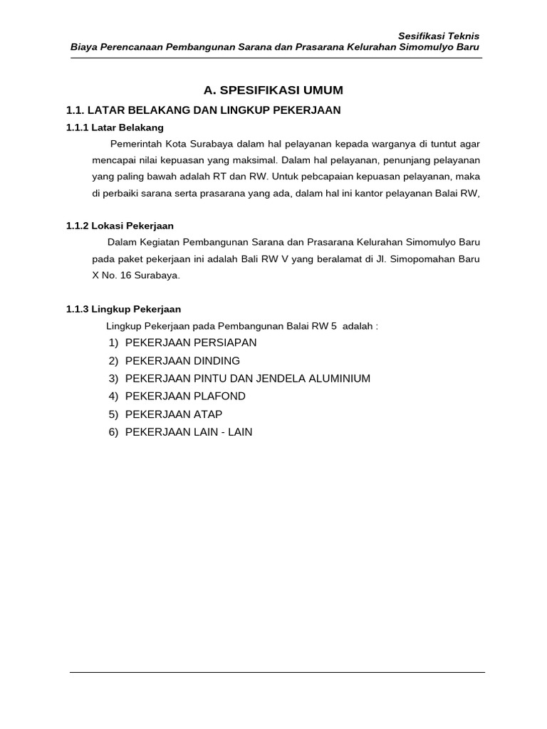 Spesifikasi Teknis Balai RW 5 | PDF