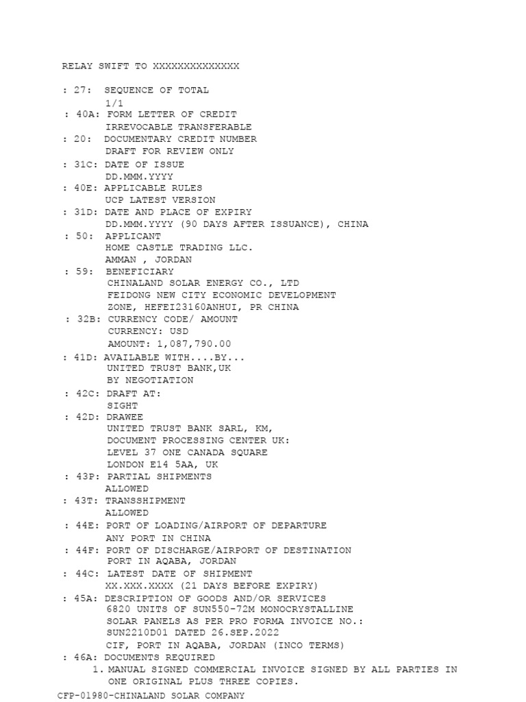 LC Draft From Utb To Chinaland Solar Co 123 | PDF | Letter Of Credit ...
