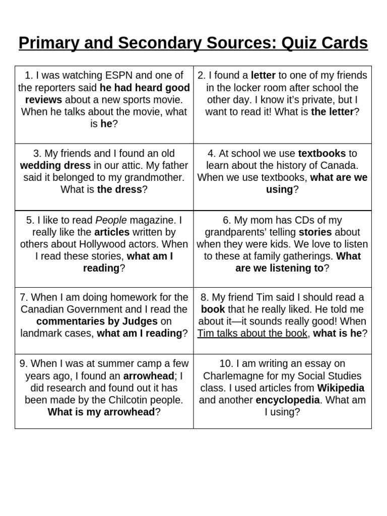 2.5 Primary and Secondary Sources - Activity Cards | PDF