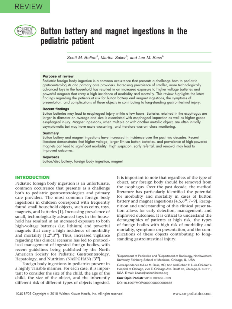 Button battery and magnet ingestions in the pediatric patient | PDF ...