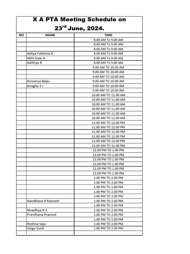 X A PTA Meeting Schedule 2024 | PDF