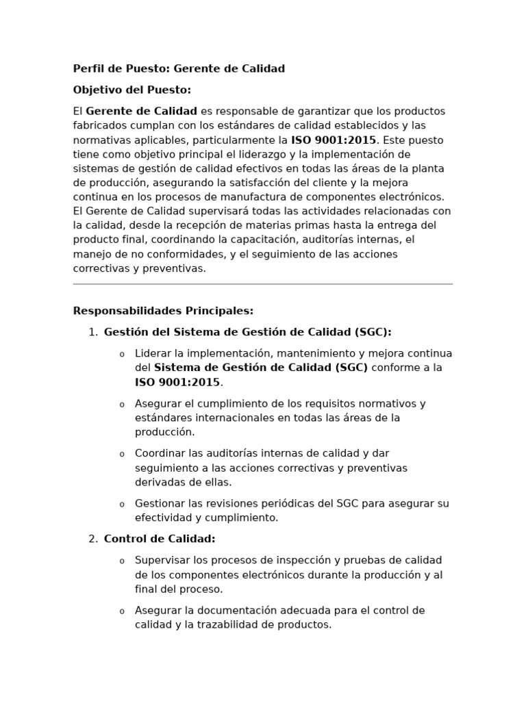 Perfil del Gerente de Calidad | PDF | Calidad (comercial) | Sistema de ...