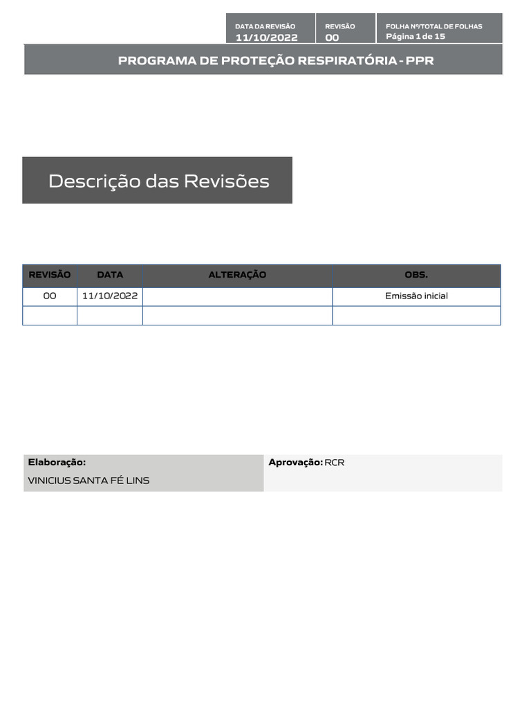 Programa de Protecao Respiratoria - PPR - REV 00 | PDF