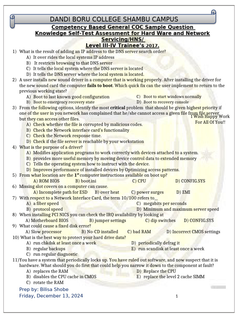 Competency Based General COC Sample Question | PDF | Computer Network | Booting