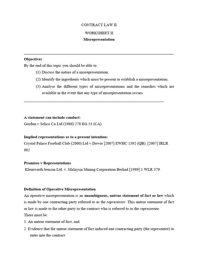Worksheet 2 - Misrepresentation | PDF | Misrepresentation | Law Of Obligations