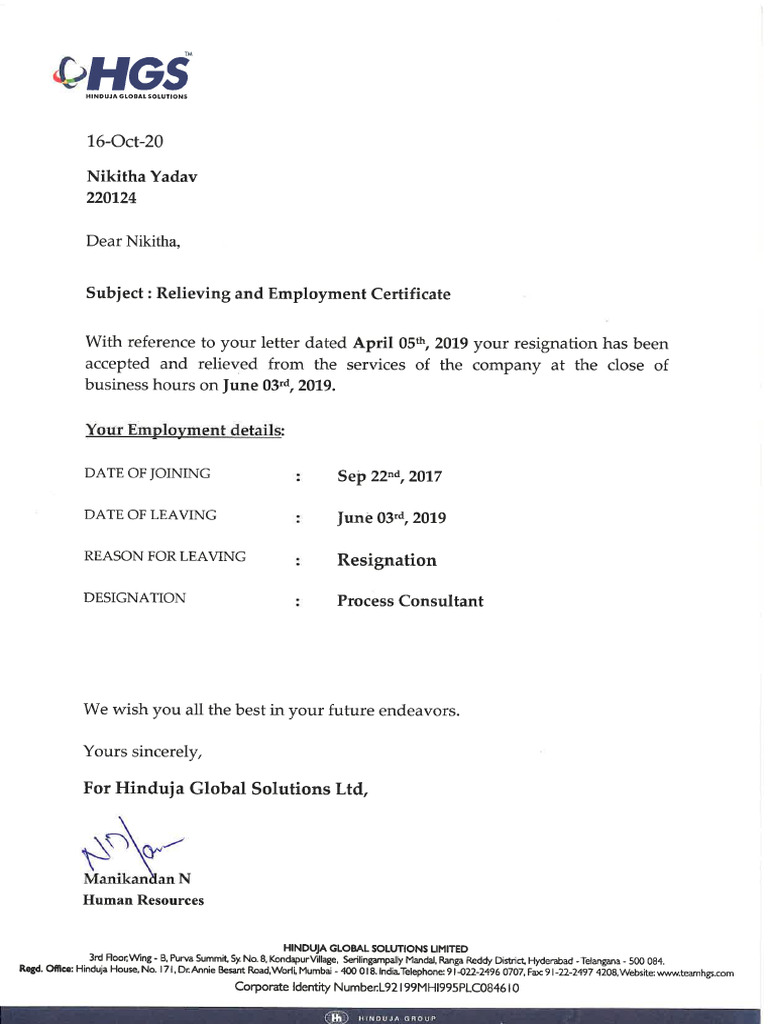 Relieving Letter - Nikitha Yadav - 220124 | PDF