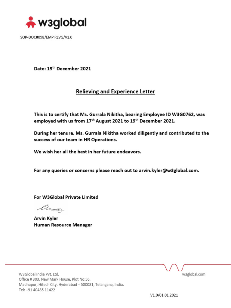 Relieving and Experience Letter Template | PDF