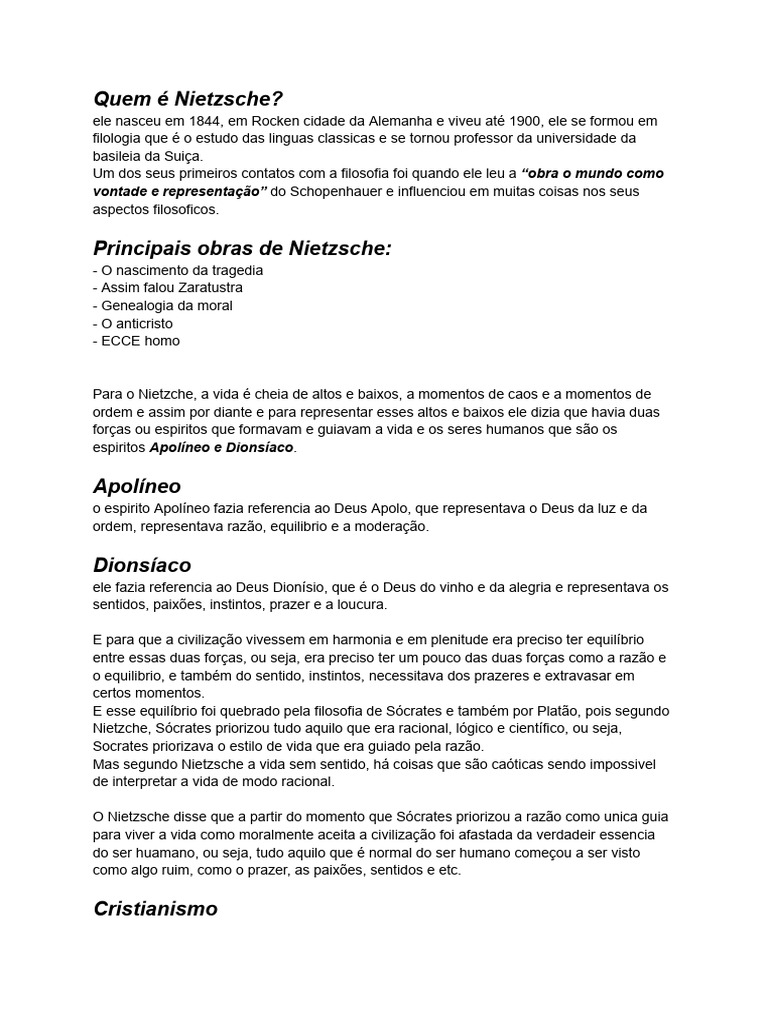 Resumo da Filosofia de Nietzsche | PDF | Friedrich Nietzsche | Arthur ...