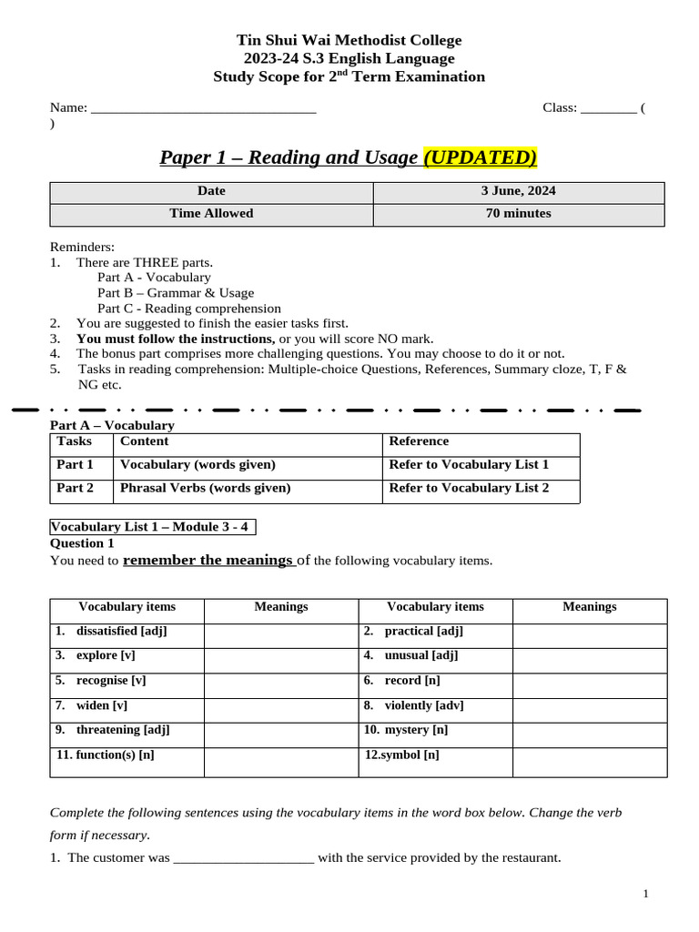 2324 - S.3 2nd Term Exam Study Scope - S | PDF | Grammatical Tense | Vocabulary