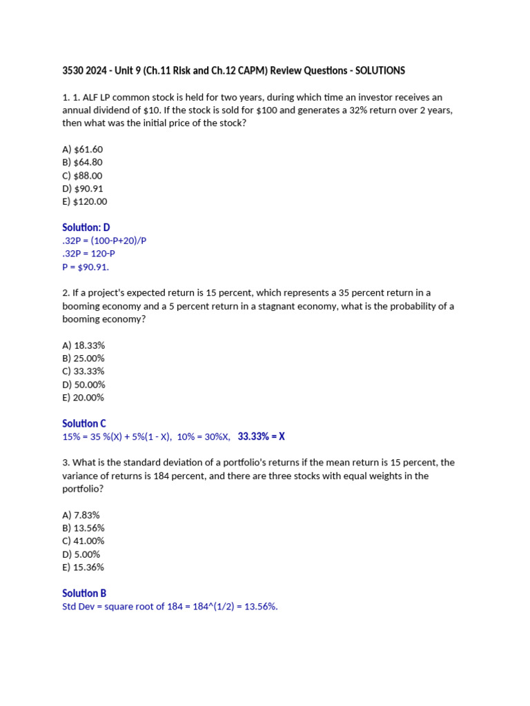 Unit 9 - Review Questions - Solutions (2024) | PDF | Capital Asset ...